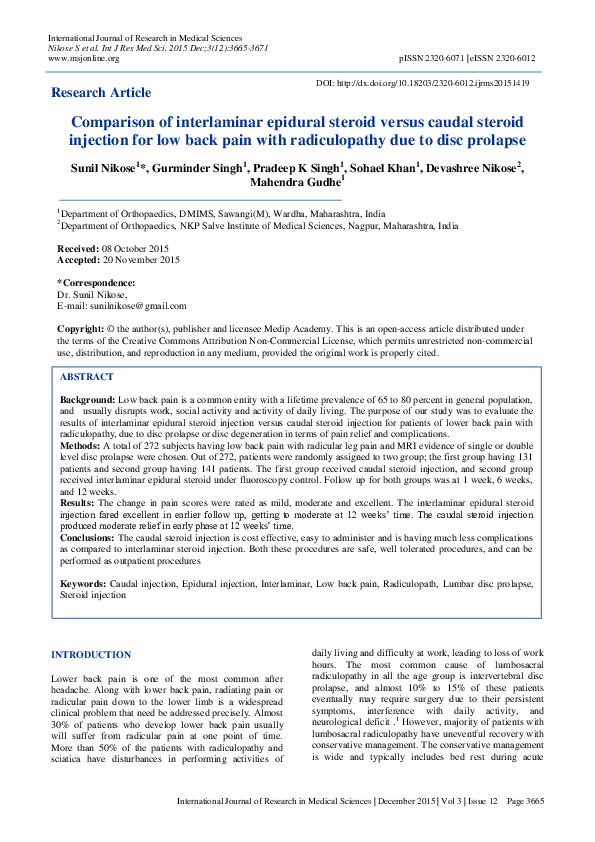 Pdf Comparison Of Interlaminar Epidural Steroid Versus Caudal Steroid 9301