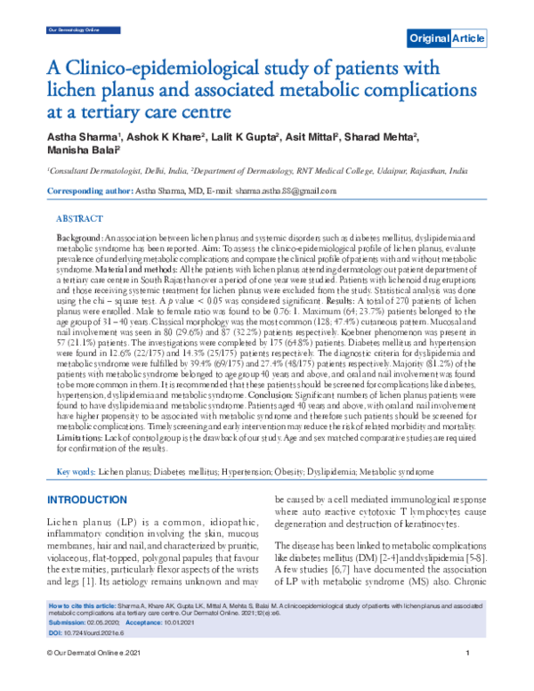 (PDF) A Clinico-epidemiological study of patients with lichen planus and associated metabolic ...