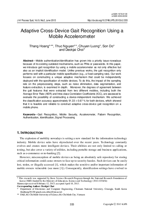 Pdf Adaptive Cross Device Gait Recognition Using A Mobile Accelerometer