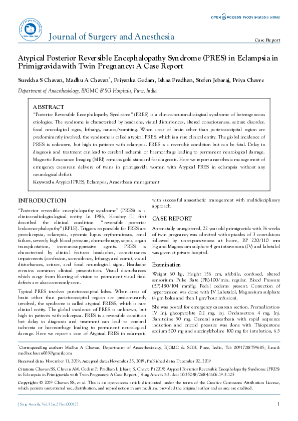 (PDF) Atypical Posterior Reversible Encephalopathy Syndrome (PRES) in ...