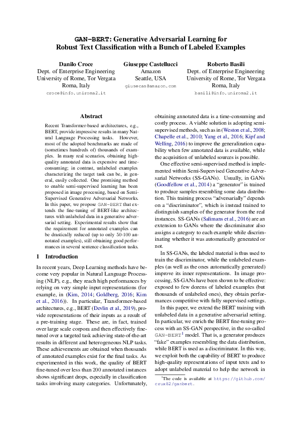 Pdf Gan Bert Generative Adversarial Learning For Robust Text Classification With A Bunch Of