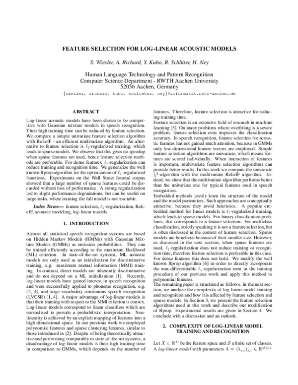 (PDF) Feature selection for log-linear acoustic models