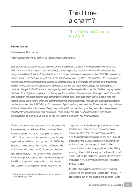 (PDF) The third time a charm? Traditional Courts Bill 2017