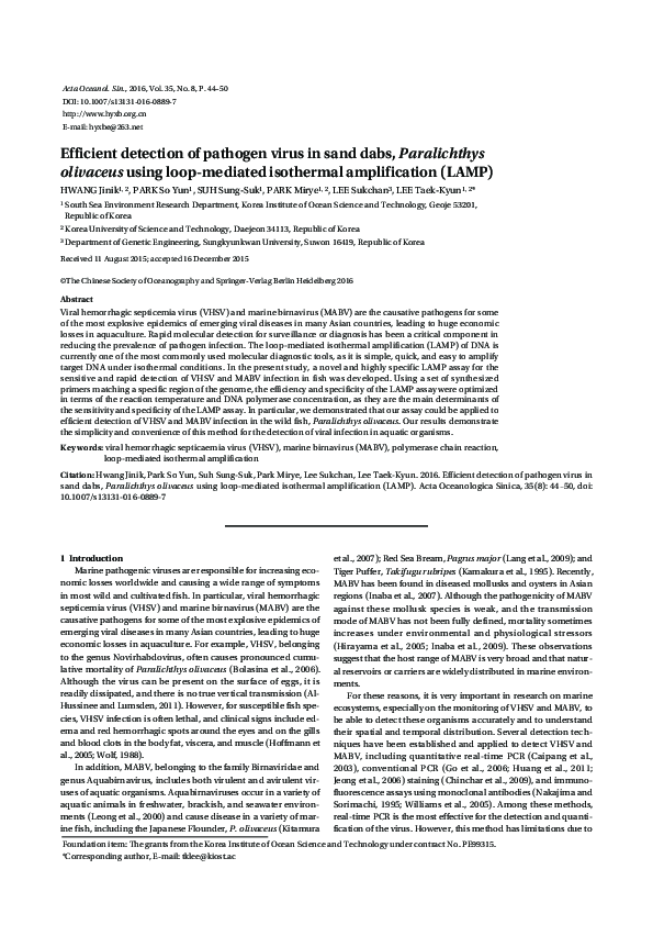(PDF) Efficient detection of pathogen virus in sand dabs, Paralichthys olivaceus using loop ...