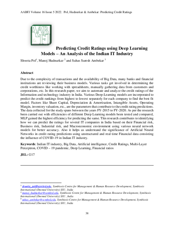 Pdf Predicting Credit Ratings Using Deep Learning Models An Analysis Of The Indian It Industry