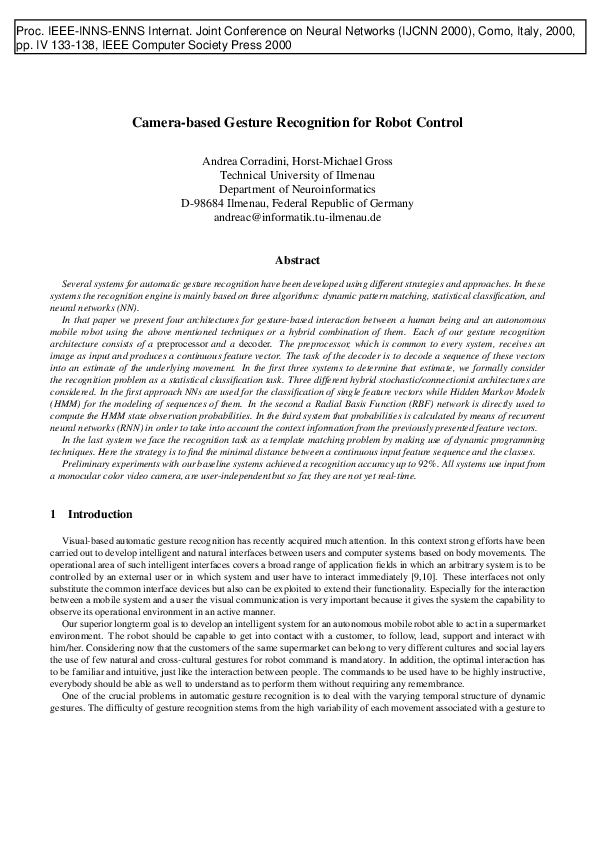 (PDF) Camera-based gesture recognition for robot control
