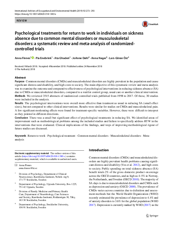 (PDF) Psychological treatments for return to work in individuals on ...