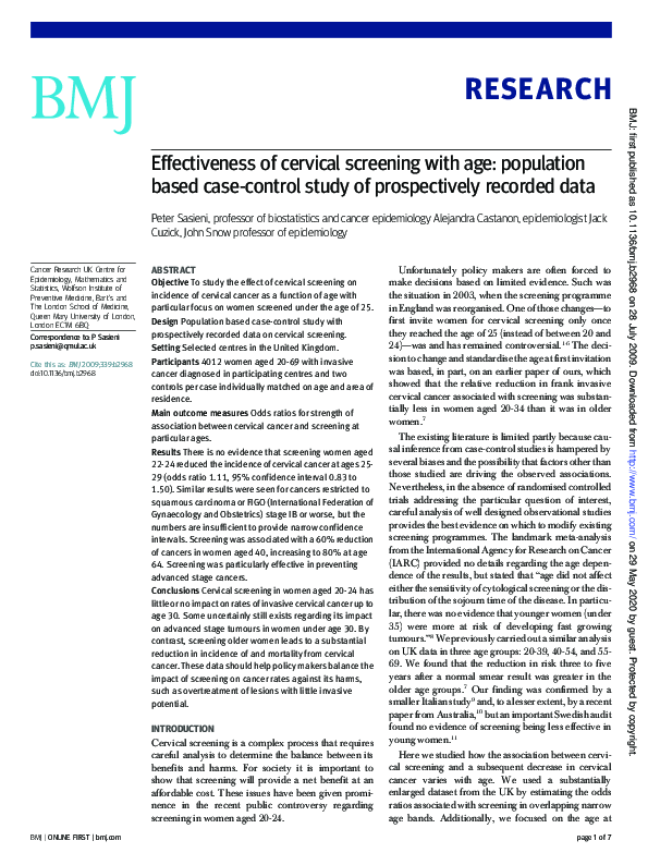 (PDF) Effectiveness of cervical screening with age: population based ...
