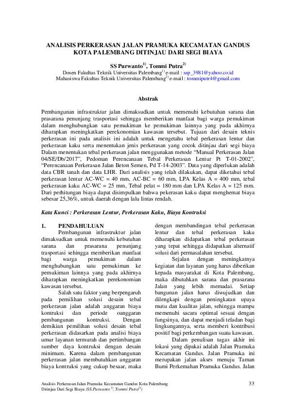 (PDF) ANALISIS PERKERASAN JALAN PRAMUKA KECAMATAN GANDUS KOTA PALEMBANG DITINJAU DARI SEGI BIAYA