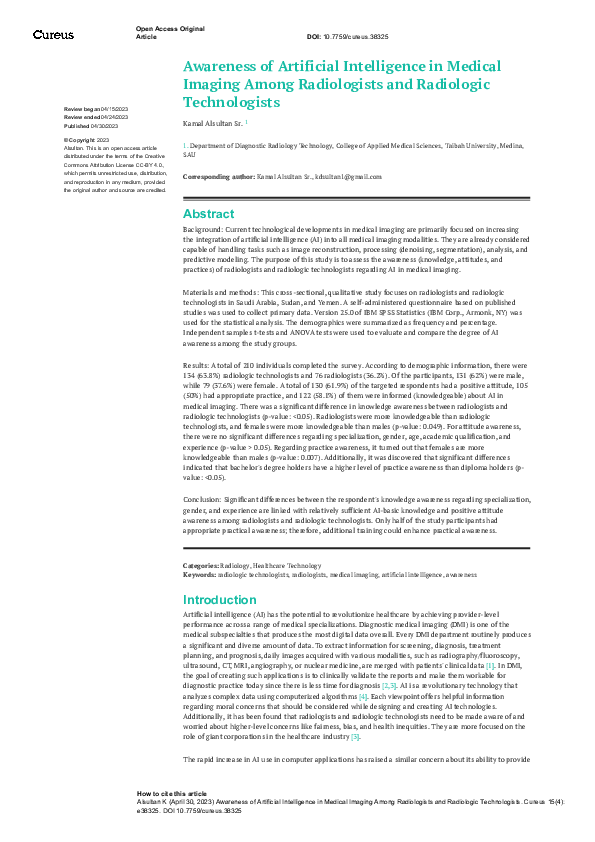 (PDF) Awareness of Artificial Intelligence in Medical Imaging Among Radiologists and Radiologic ...