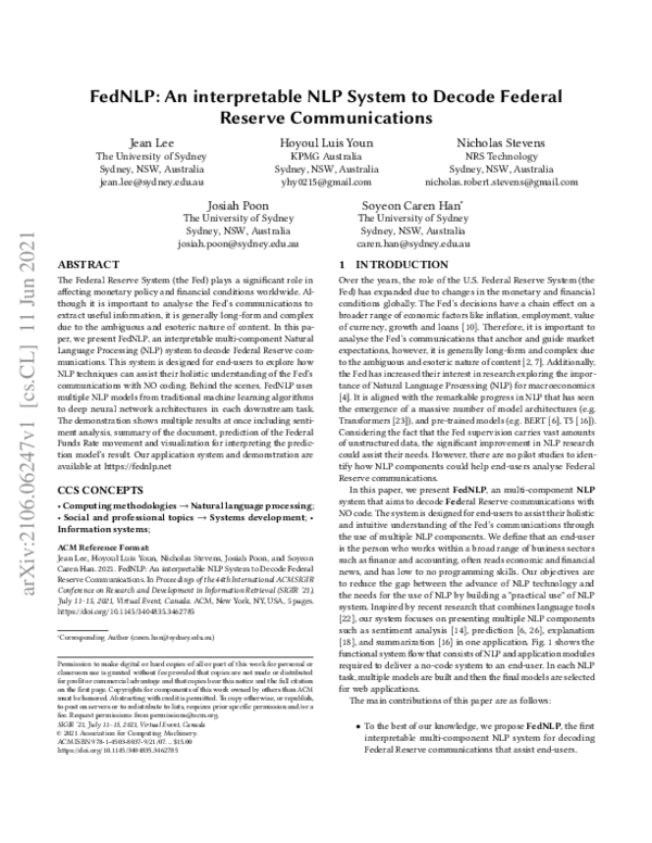 (PDF) FedNLP: An Interpretable NLP System to Decode Federal Reserve Communications