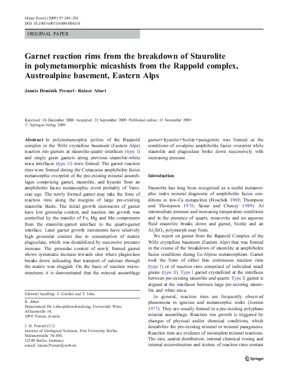 (PDF) Garnet reaction rims from the breakdown of Staurolite in ...