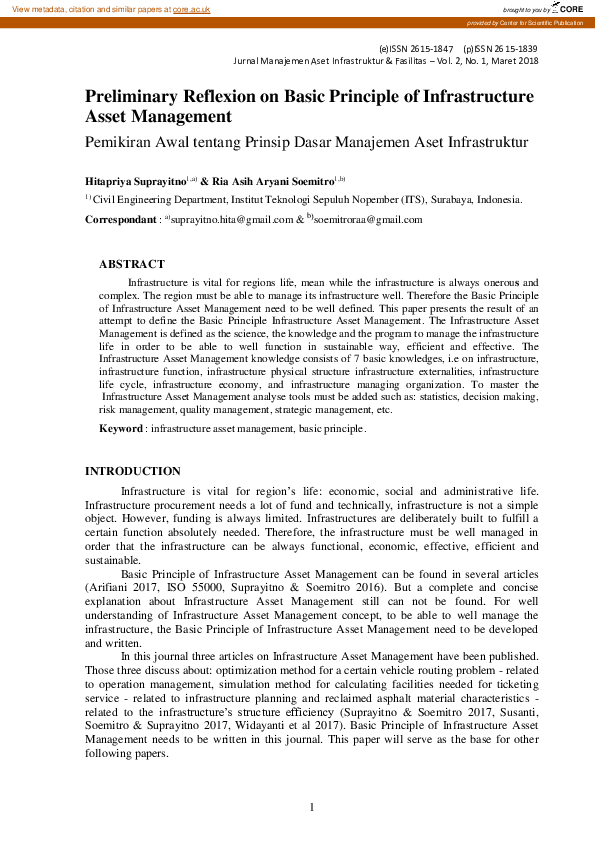 (PDF) Preliminary Reflexion on Basic Principle of Infrastructure Asset Management