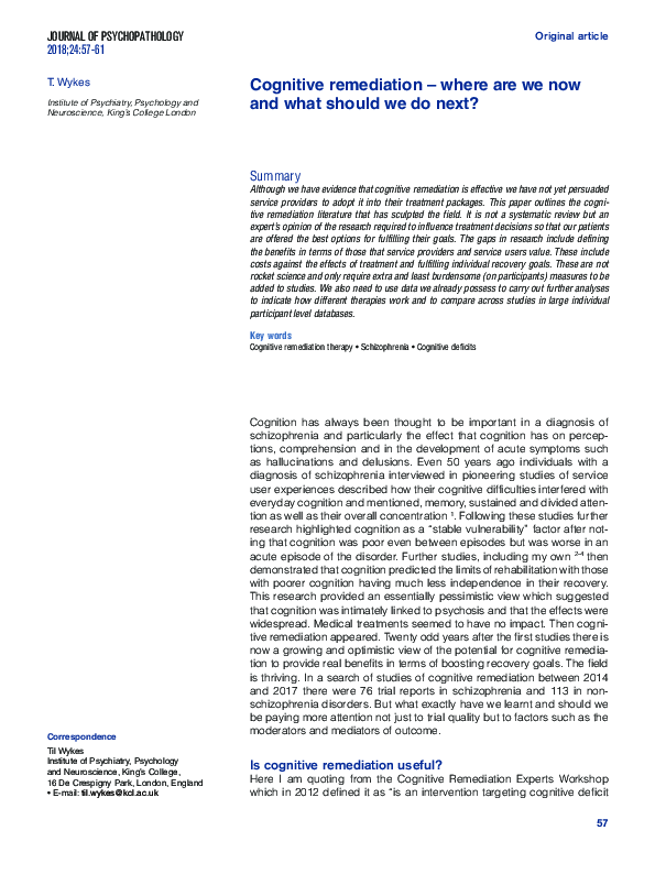 (PDF) Cognitive remediation - Where are we now and what should we do next?