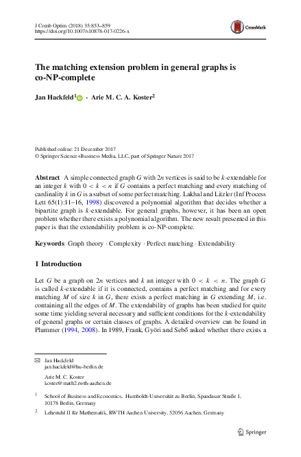 (PDF) The matching extension problem in general graphs is co-NP-complete