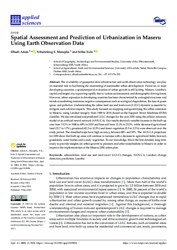 (PDF) Spatial Assessment and Prediction of Urbanization in Maseru Using Earth Observation Data