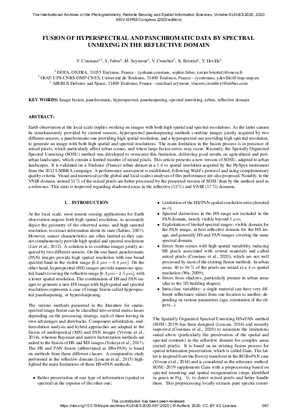 Pdf Fusion Of Hyperspectral And Panchromatic Data By Spectral Unmixing In The Reflective Domain