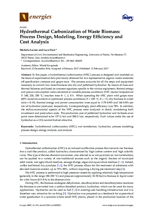 (PDF) Hydrothermal Carbonization of Waste Biomass: Process Design, Modeling, Energy Efficiency ...
