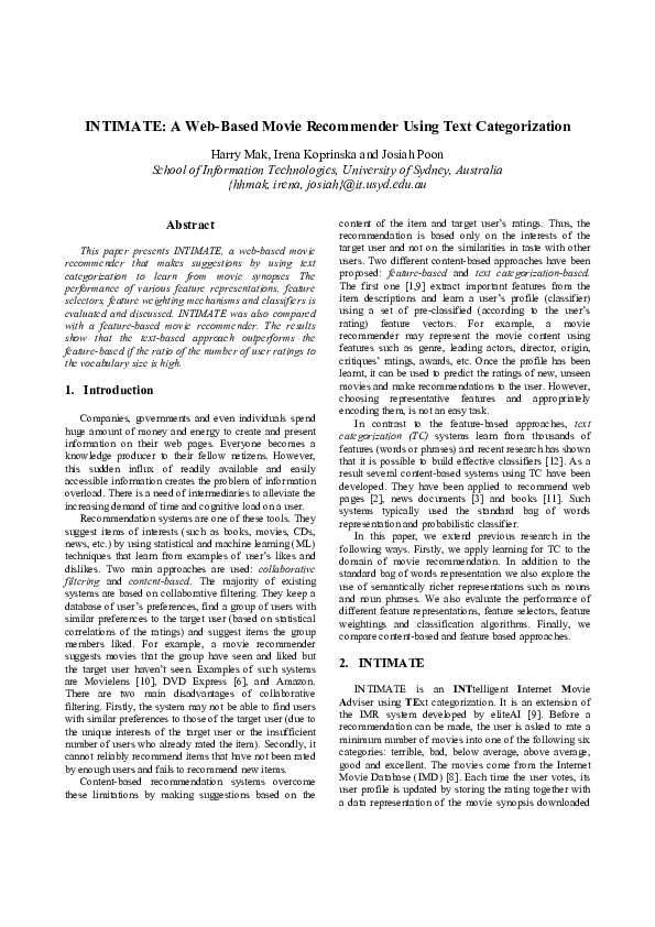 Pdf Intimate A Web Based Movie Recommender Using Text Categorization