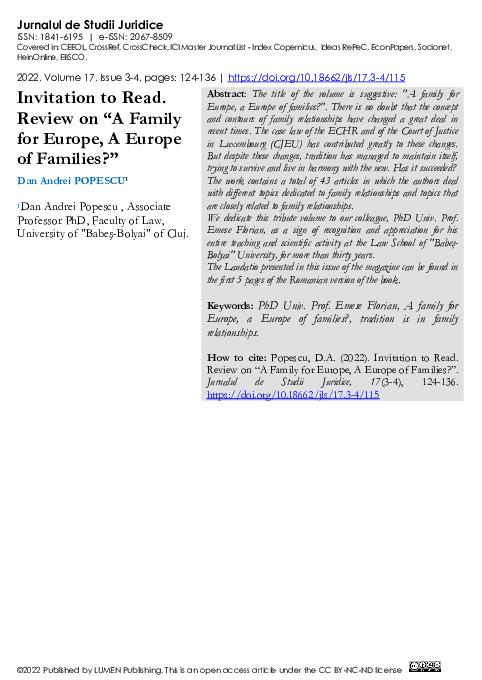 (PDF) Invitation to Read. Review on “A Family for Europe, A Europe of Families?” | DAN ANDREI ...