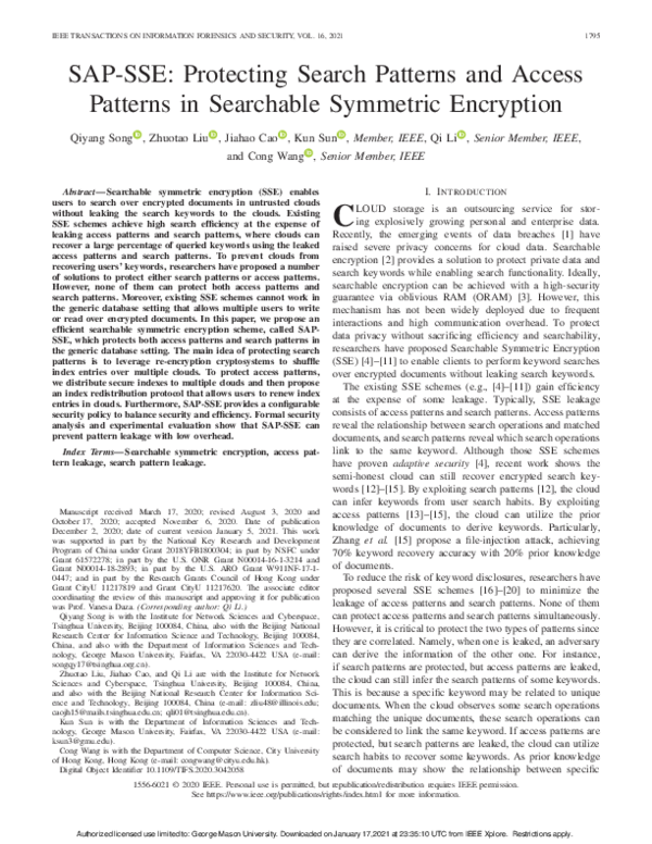Pdf Sap Sse Protecting Search Patterns And Access Patterns In Searchable Symmetric Encryption