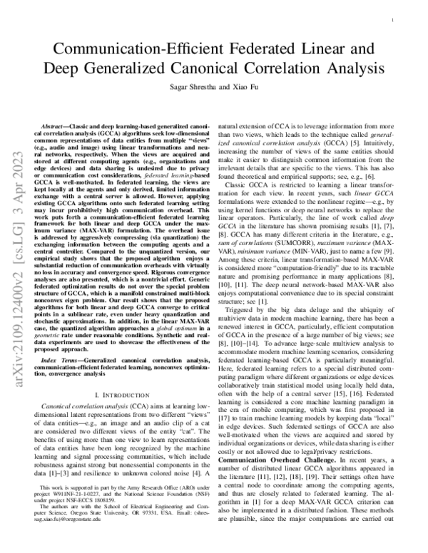 Pdf Communication Efficient Federated Linear And Deep Generalized Canonical Correlation Analysis