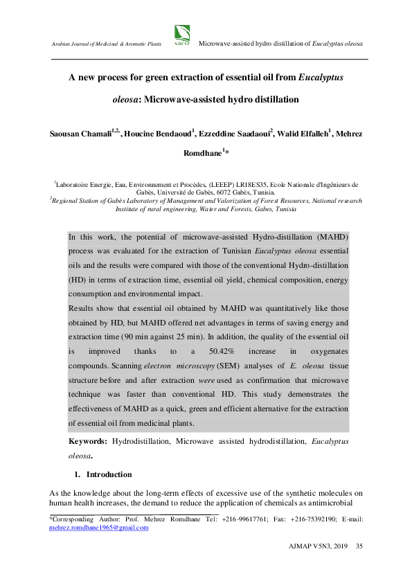Pdf A New Process For Green Extraction Of Essential Oil From Eucalyptus Oleosa Microwave