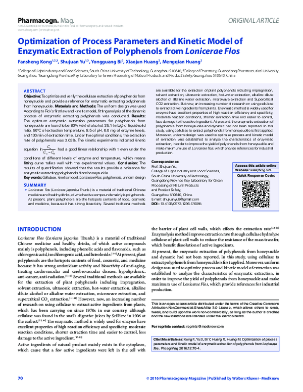 Pdf Optimization Of Process Parameters And Kinetic Model Of Enzymatic
