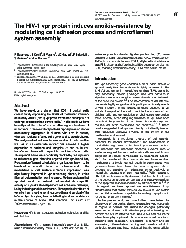 (PDF) The HIV-1 vpr protein induces anoikis-resistance by modulating ...