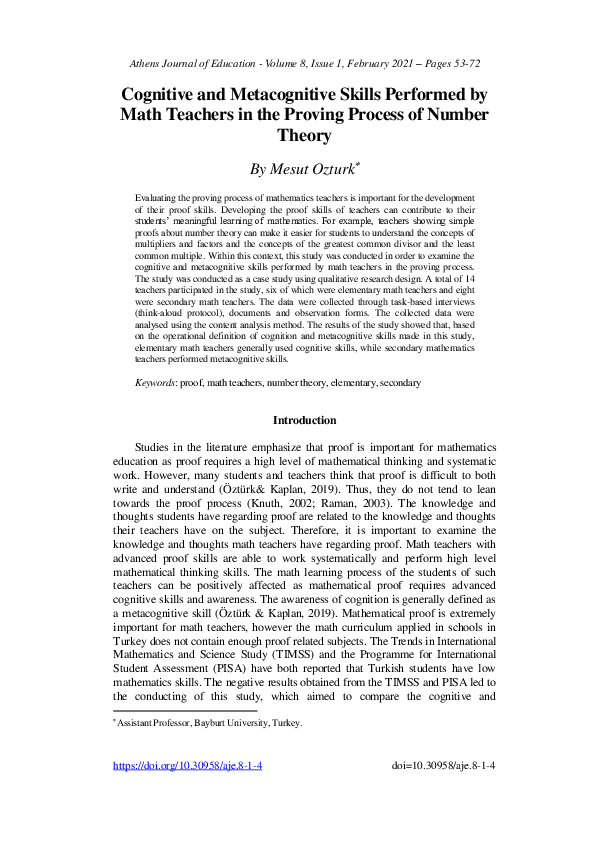 (PDF) Cognitive and Metacognitive Skills Performed by Math Teachers in the Proving Process of ...