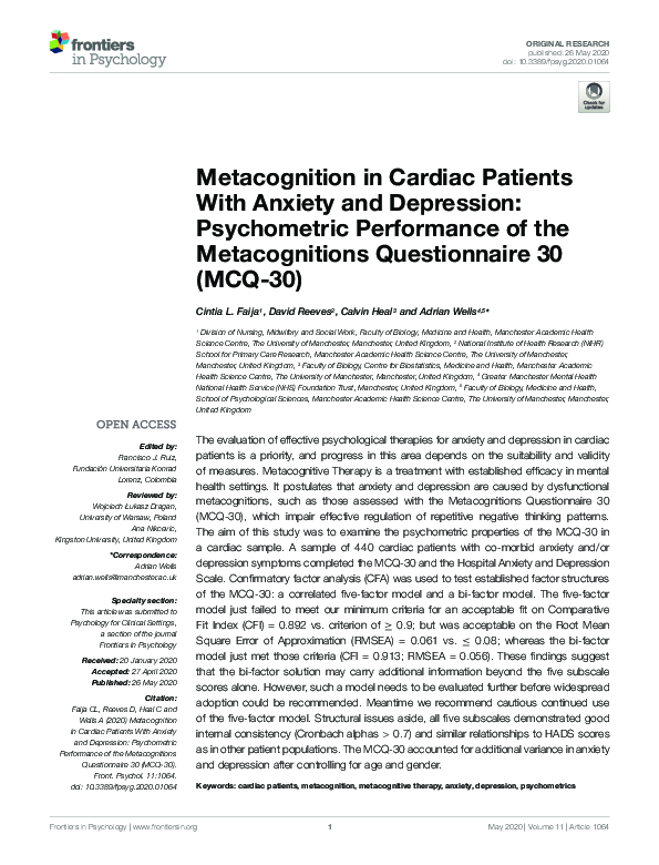 Pdf Metacognition In Cardiac Patients With Anxiety And Depression