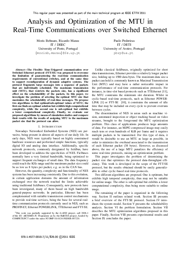 (PDF) Analysis and optimization of the MTU in real-time communications over Switched Ethernet