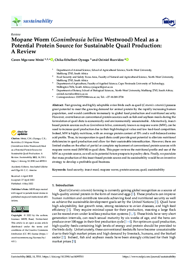 (PDF) Mopane Worm (Gonimbrasia belina Westwood) Meal as a Potential ...