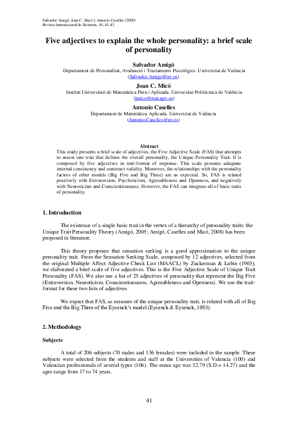 (PDF) Five Adjectives To Explain The Whole Personality: A Brief Scale ...