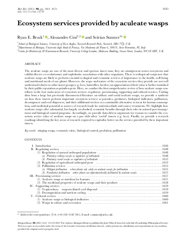 (PDF) Ecosystem services provided by aculeate wasps