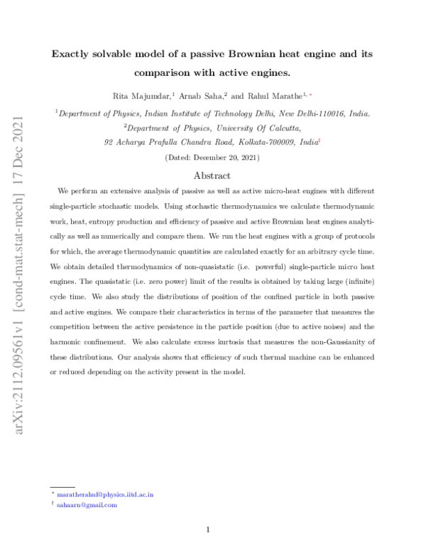 (PDF) Exactly solvable model of a passive Brownian heat engine and its comparison with active ...
