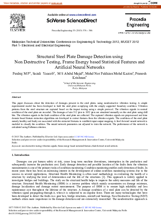 (PDF) Structural Steel Plate Damage Detection using Non Destructive ...
