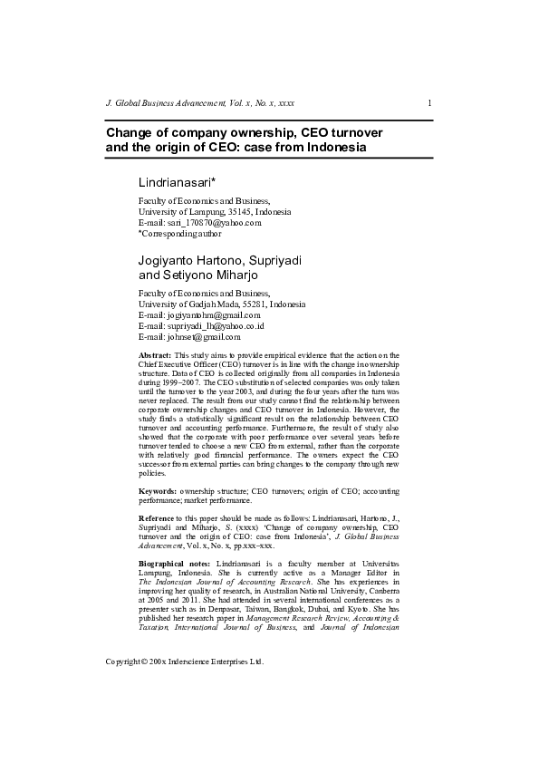(PDF) Change of company ownership, CEO turnover and the origin of CEO ...