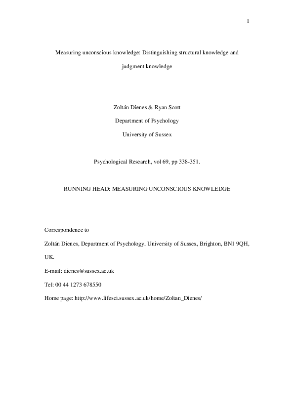 (PDF) Measuring unconscious knowledge: distinguishing structural knowledge and judgment knowledge
