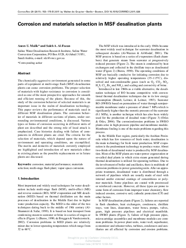 (PDF) Corrosion and materials selection in MSF desalination plants