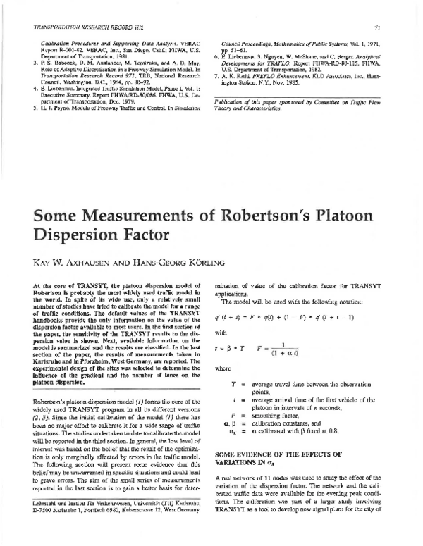 (PDF) Some measurements of Robertson's platoon dispersion factor