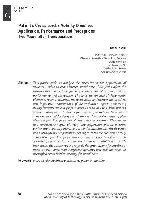 (PDF) Patient’s Cross-border Mobility Directive: Application ...