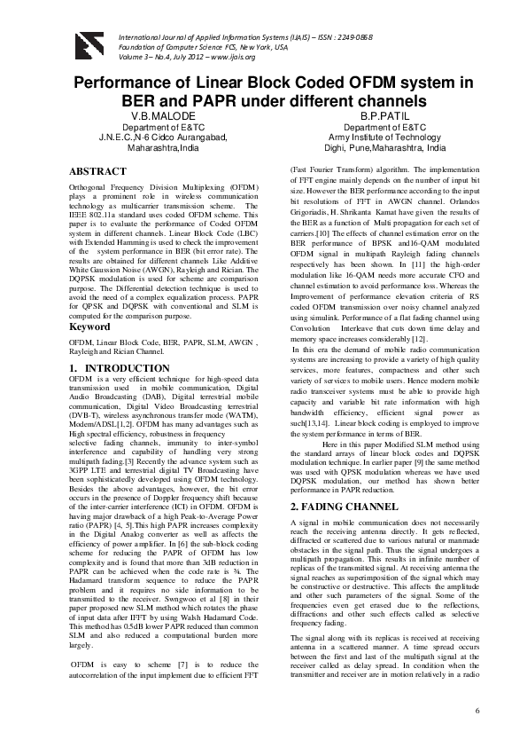 (PDF) Performance of Linear Block Coded OFDM system in BER and PAPR under different channels