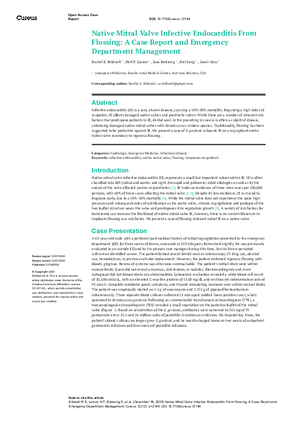 (PDF) Native Mitral Valve Infective Endocarditis From Flossing: A Case ...
