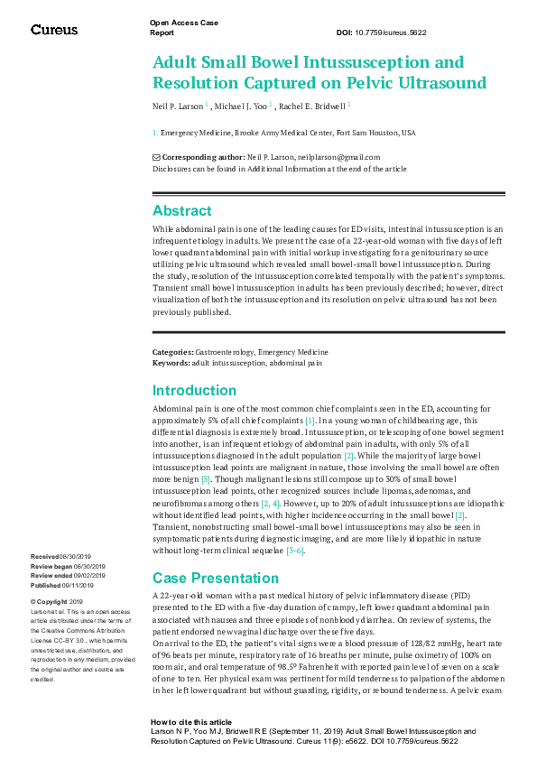 Pdf Adult Small Bowel Intussusception And Resolution Captured On