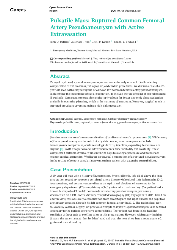 (PDF) Pulsatile Mass: Ruptured Common Femoral Artery Pseudoaneurysm ...