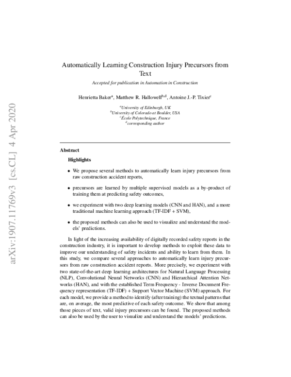 (PDF) Automatically learning construction injury precursors from text