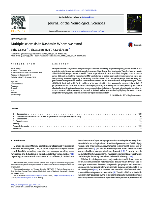 (PDF) Multiple sclerosis in Kashmir: Where we stand