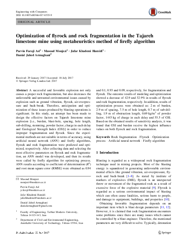 (PDF) Optimization of flyrock and rock fragmentation in the Tajareh limestone mine using ...