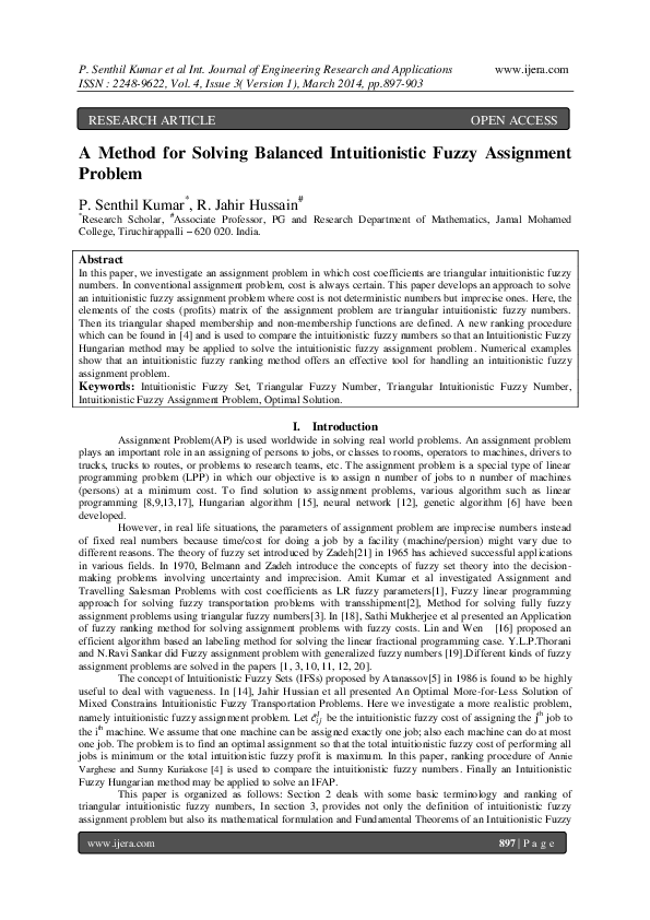 (PDF) A Method for Solving Balanced Intuitionistic Fuzzy Assignment Problem
